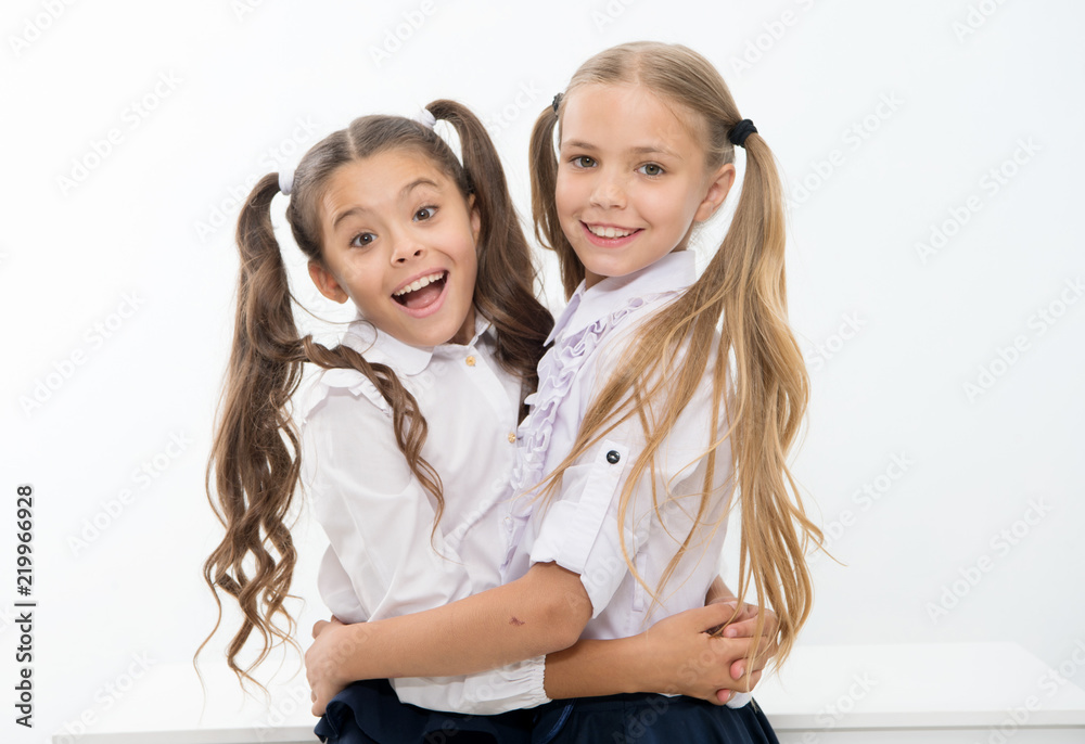 Happy girl friends hug each other, friendship concept. A true ...