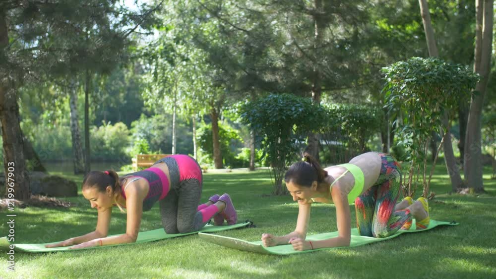 Fitness sporty women doing abs exercise to tone stomach muscles on yoga ...