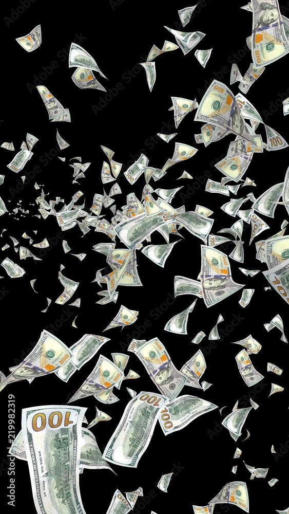 Flying dollars banknotes isolated on dark background. Money is flying ...