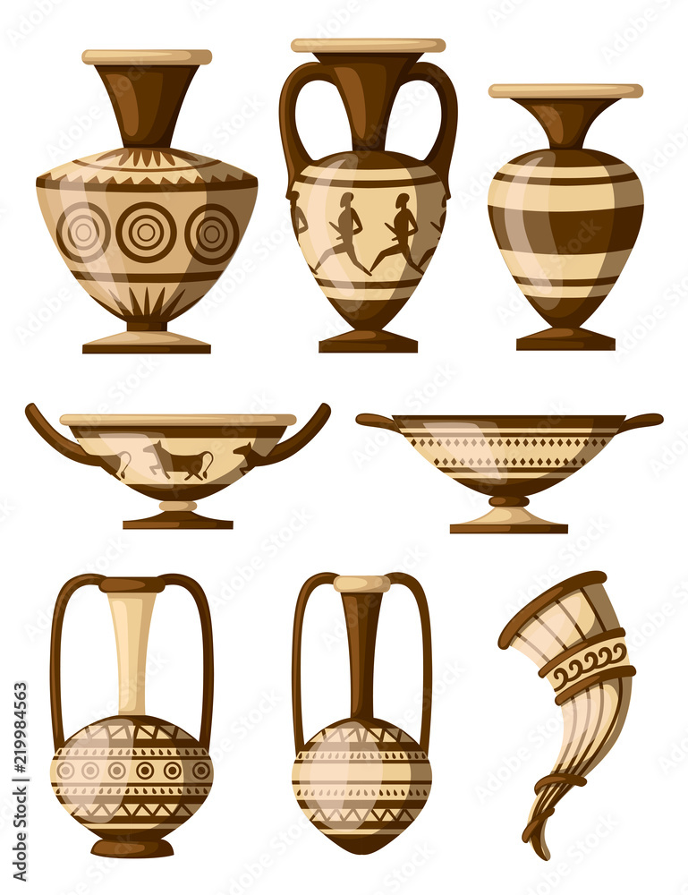 Vecteur Stock Greek pottery icon collection. Amphora with patterns ...