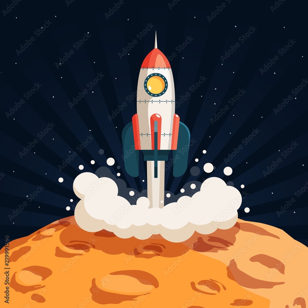 Rocket takes off from the surface of the moon or another planet ...
