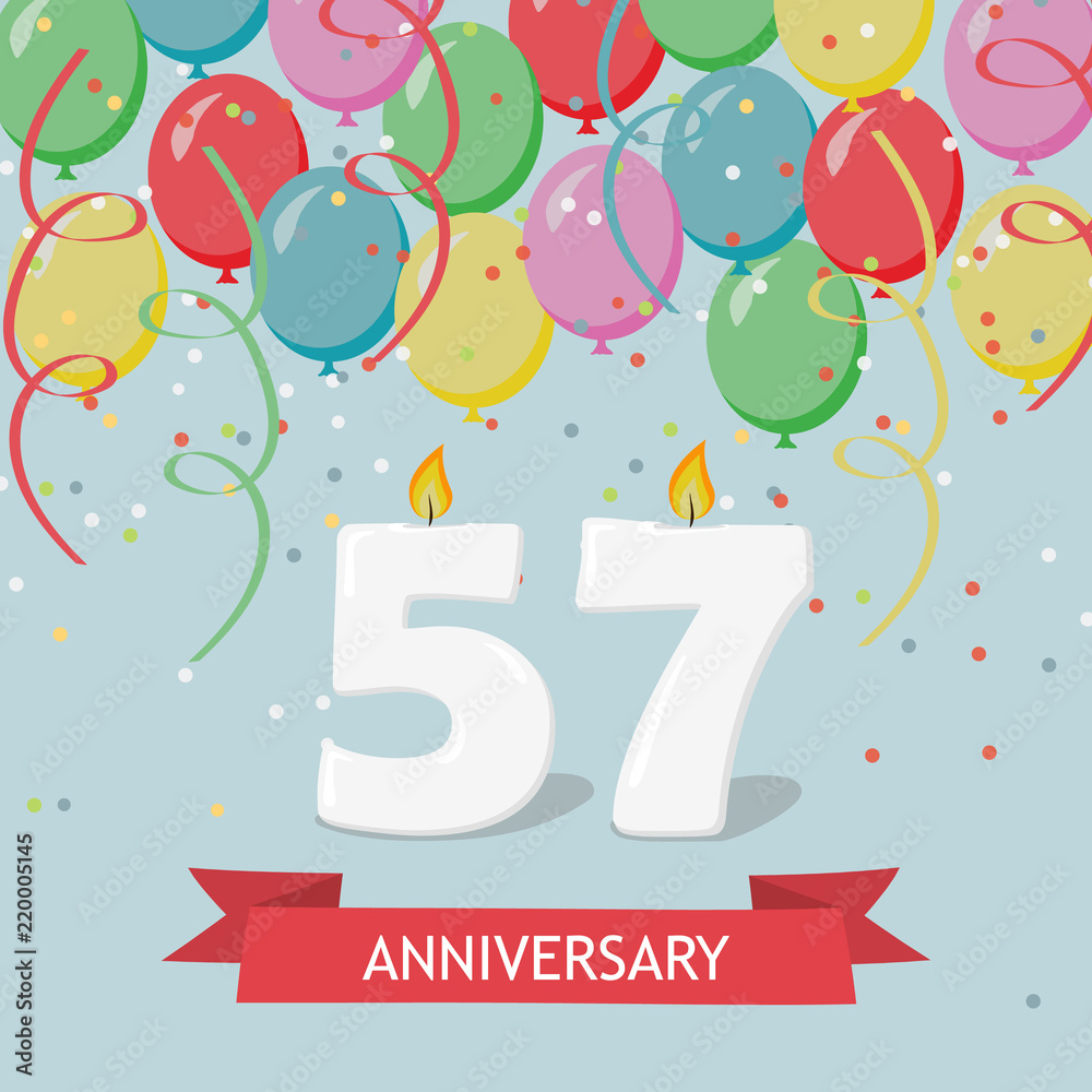 57 years selebration. Happy Birthday greeting card with candles ...