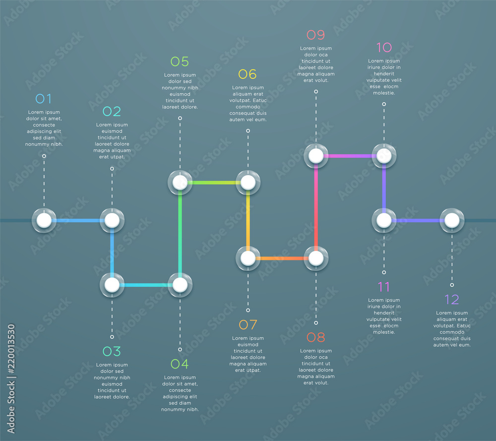 12 Point Colorful Horizontal 3d Time Line Infographic Stock Vector ...