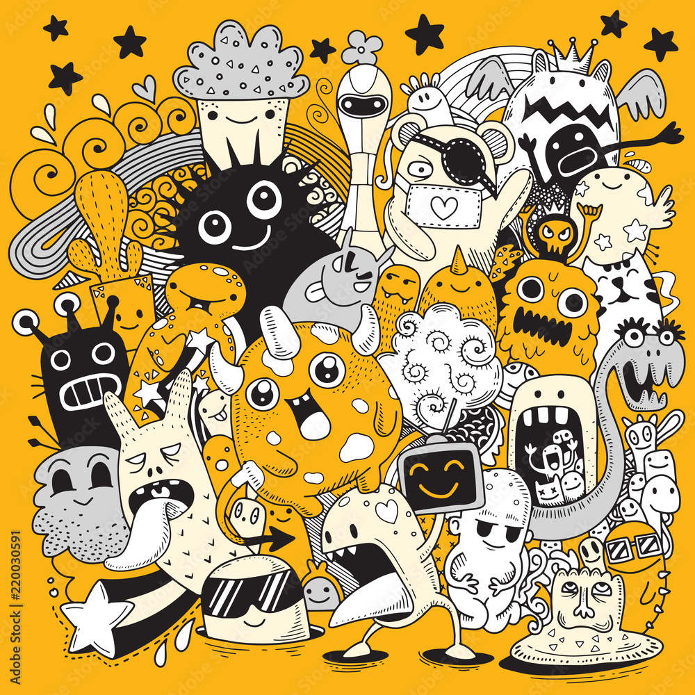 Vector illustration of Doodle cute Monster background ,Hand drawing ...