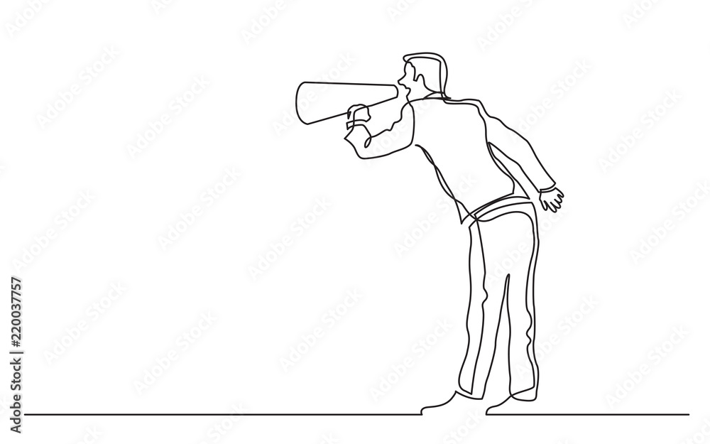 continuous line drawing of standing man shouting in megaphone Stock ...