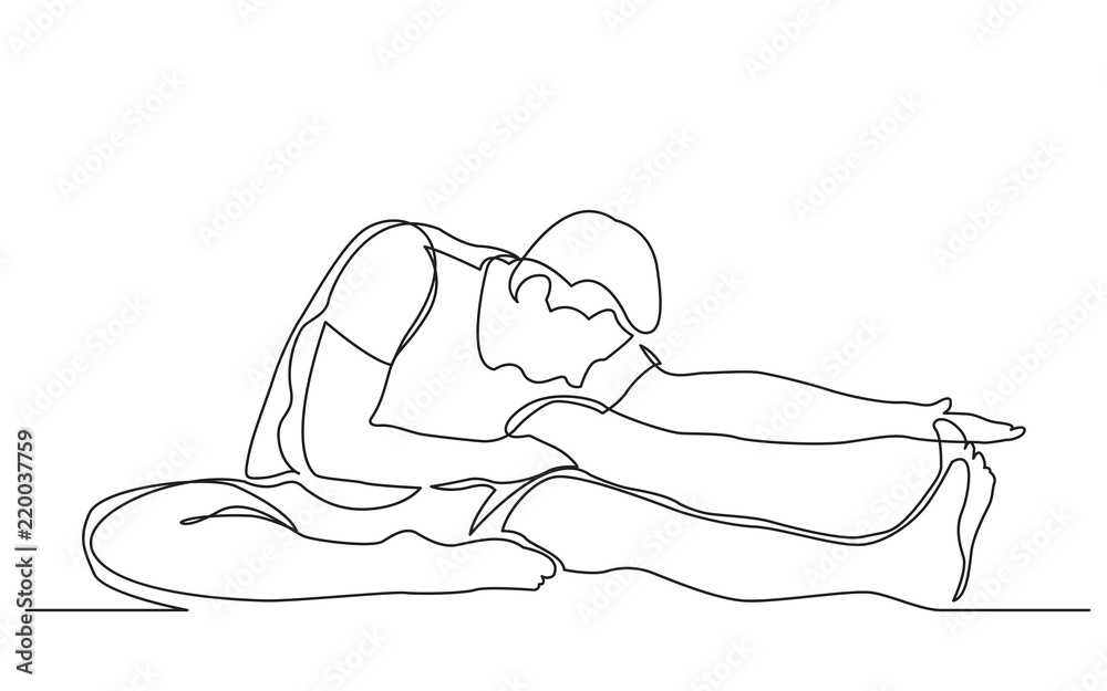continuous line drawing of man stretching his leg in yoga exercise ...