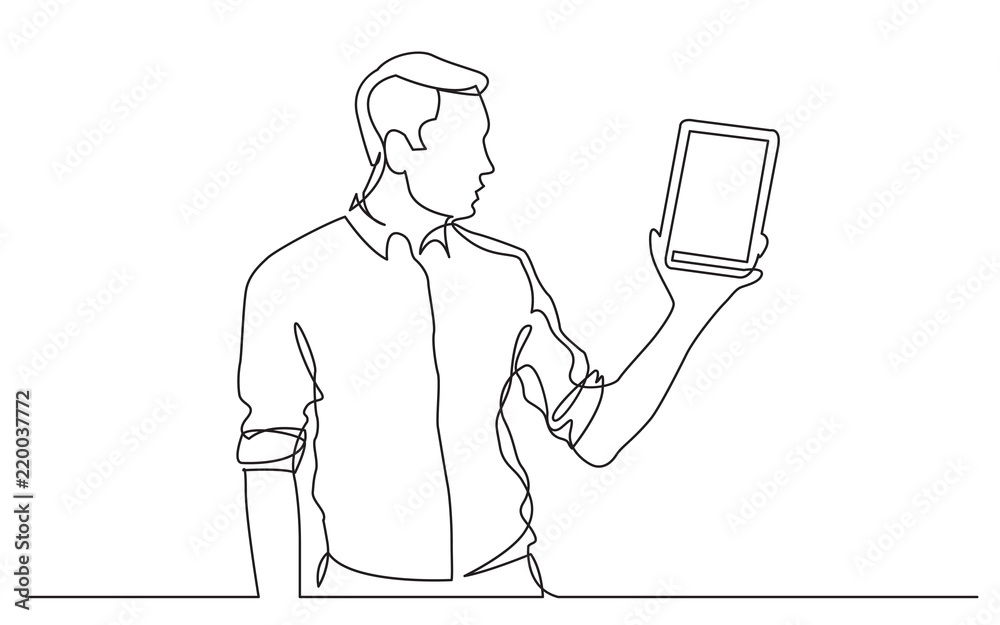 continuous line drawing of standing man showing tablet screen Stock ...