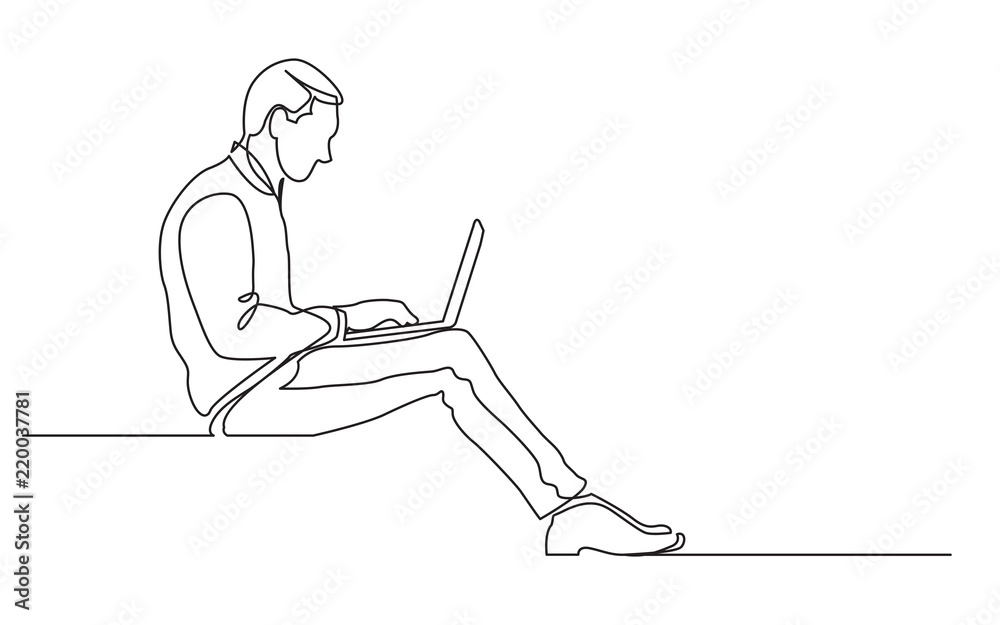 continuous line drawing of office worker sitting working on laptop ...