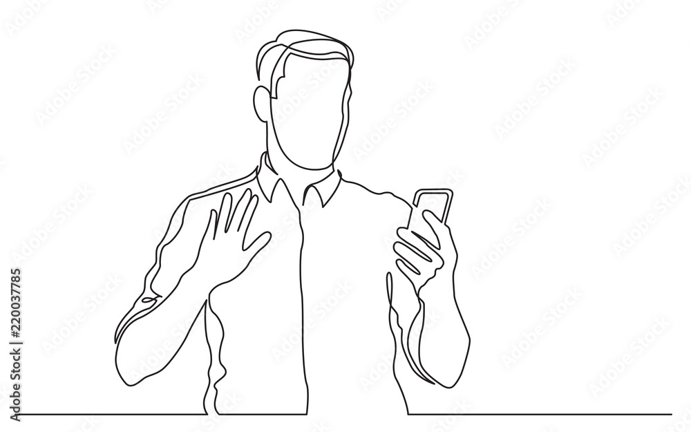 continuous line drawing of standing man waving to his mobile phone ...