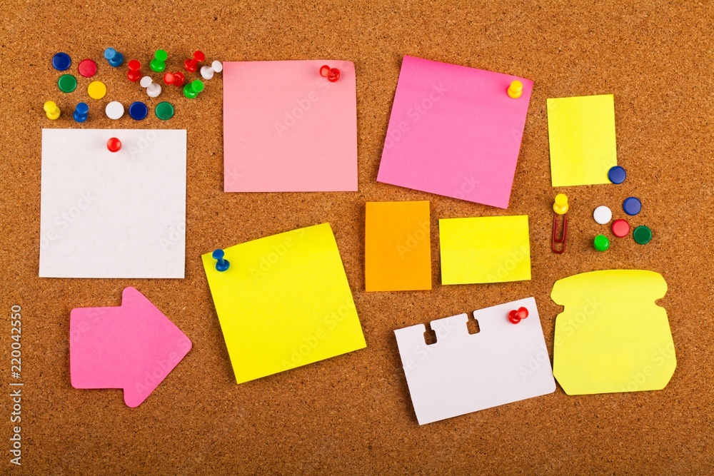 Blank Post It Notes And Pin On Pinboard Close-up Stock Photo | Adobe Stock