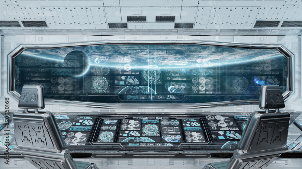 White spaceship interior with control panel digital screens 3D ...