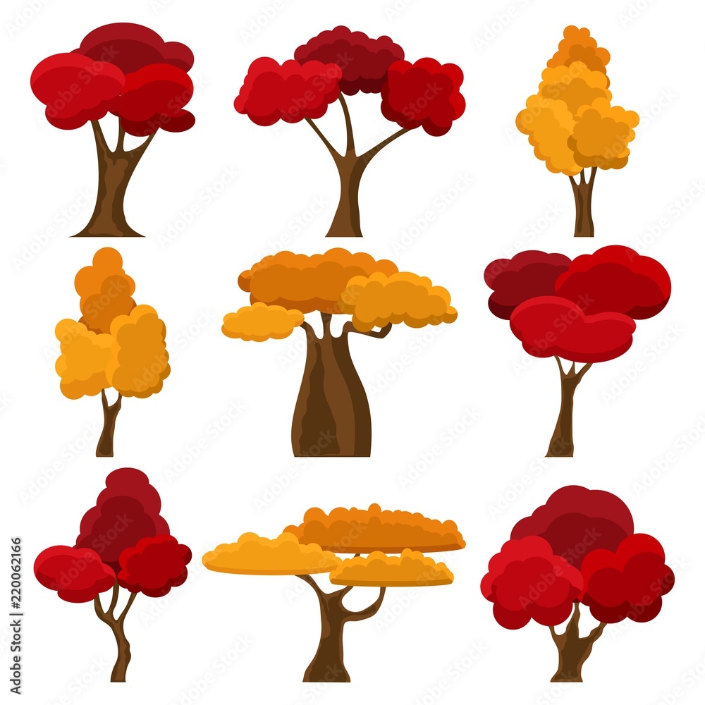 Set autumn trees in flat style. Cartoon garden yellow and red tree ...