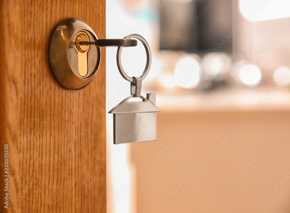 Key with house-shaped trinket in door lock, closeup Stock Photo | Adobe ...