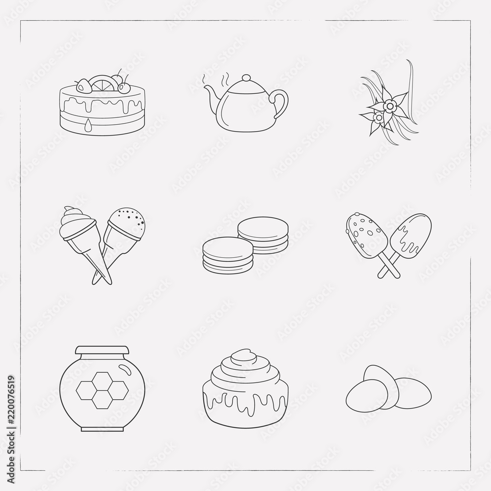 Set of bakery icons line style symbols with cinnamon roll, eggs, cake ...