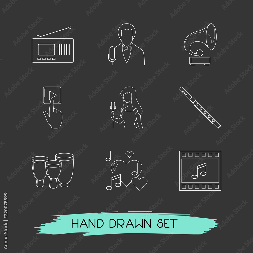 Set of melody icons line style symbols with singer, love song, singer ...