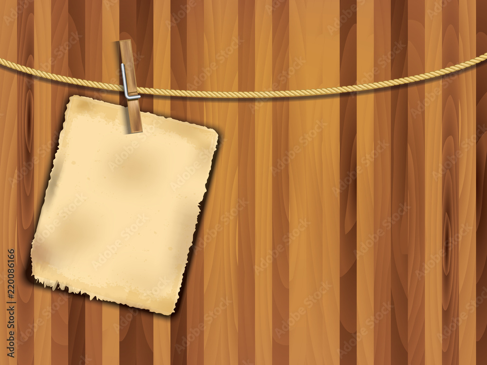 Old classic paper on wooden background with wooden clip and rope Stock ...