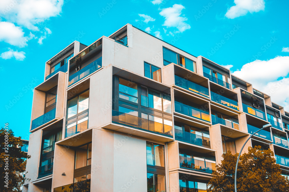 futuristic square architecture of apartment building for real estate ...