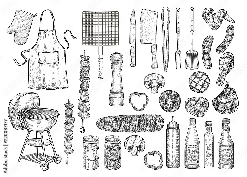 Grill, barbecue equipment, tool, illustration, drawing, engraving, ink ...