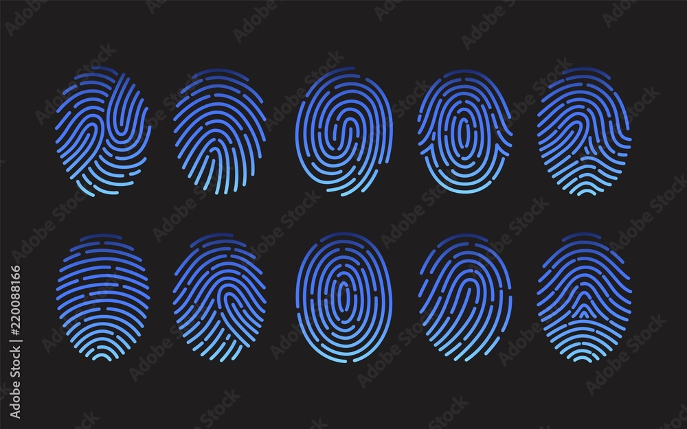 Collection of fingerprints of different types isolated on black ...