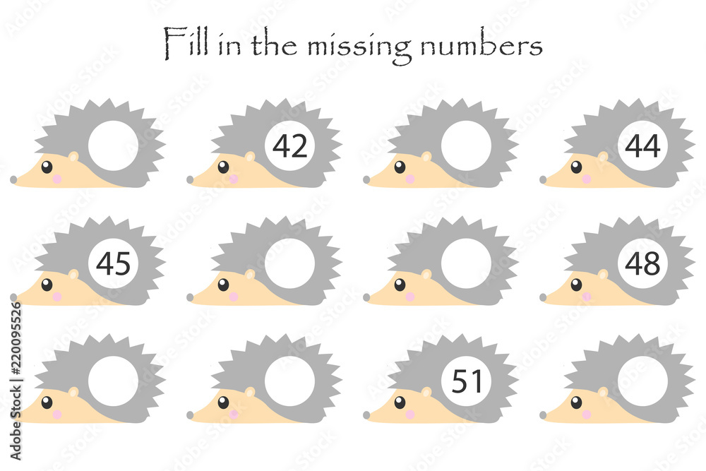 Game with hedgehogs for children, fill in the missing numbers, middle ...