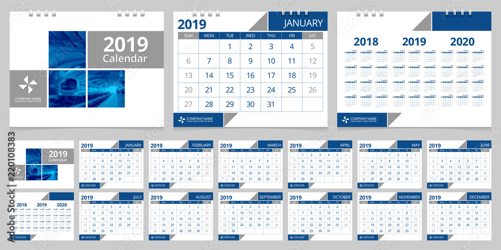 2019 calendar set week start Sunday corporate design template vector ...