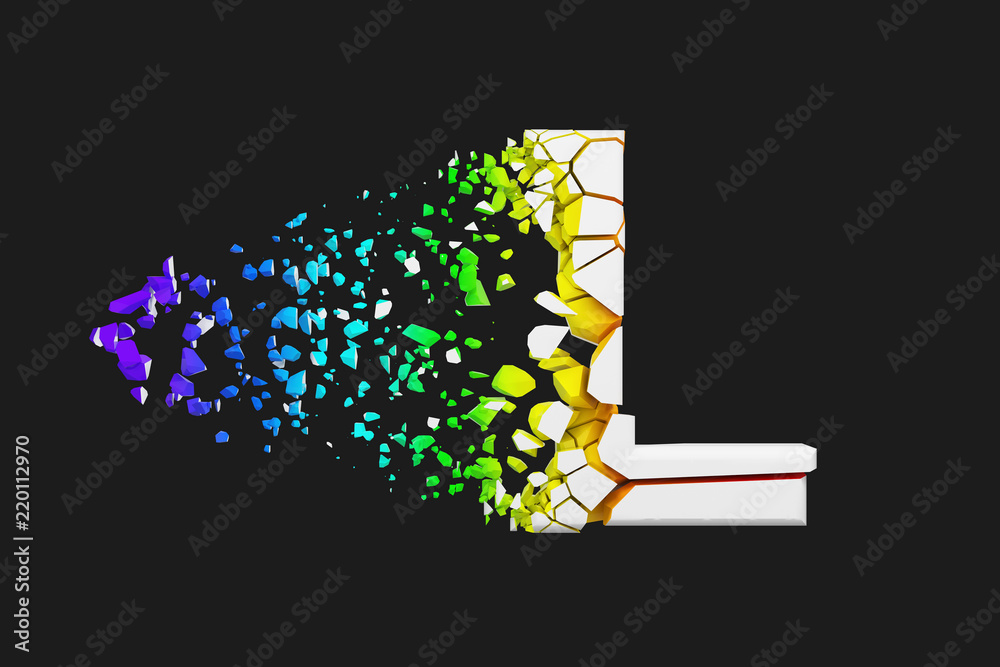 Broken shattered iridescent alphabet letter L uppercase. Crushed white ...