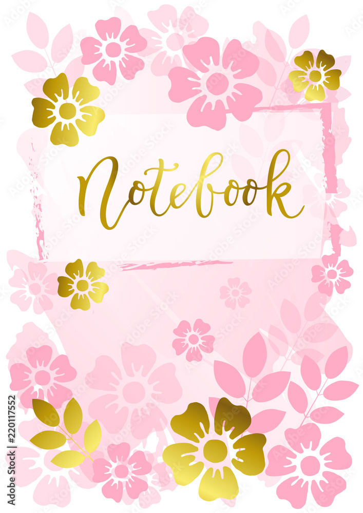 Modern calligraphy of Notebook in golden on decorative pink background ...