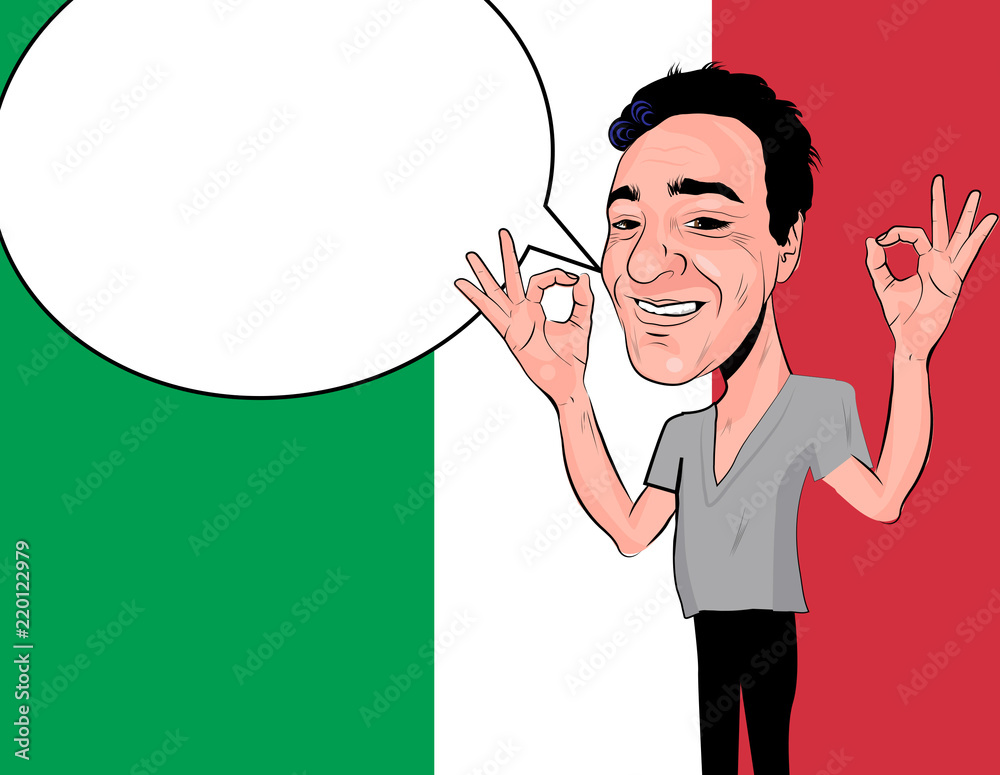 Italian happy smile man on Italian flag backgraund with OK fingers sign ...