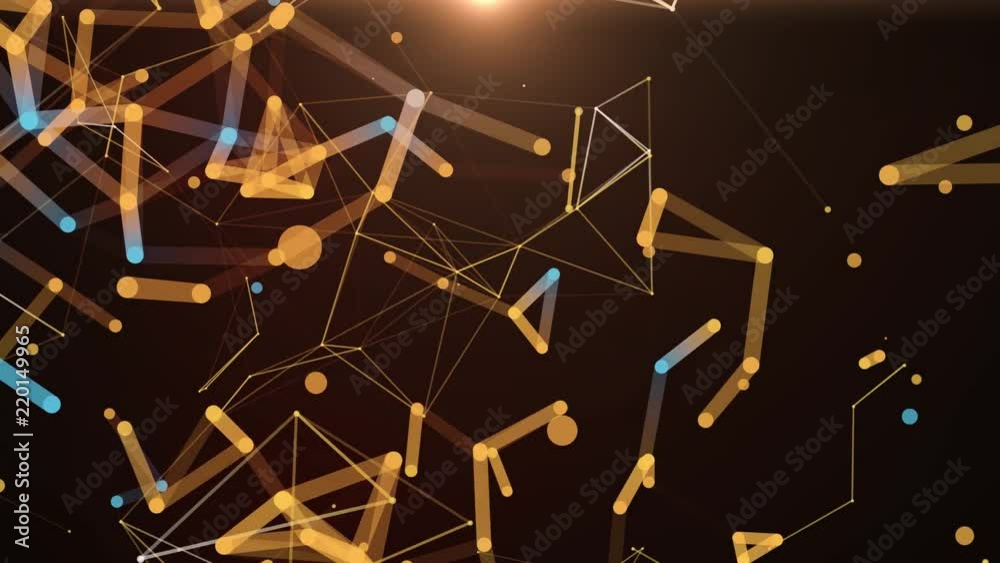 Plexus of abstract orange geometrical lines with moving triangles and dots on a black background ...