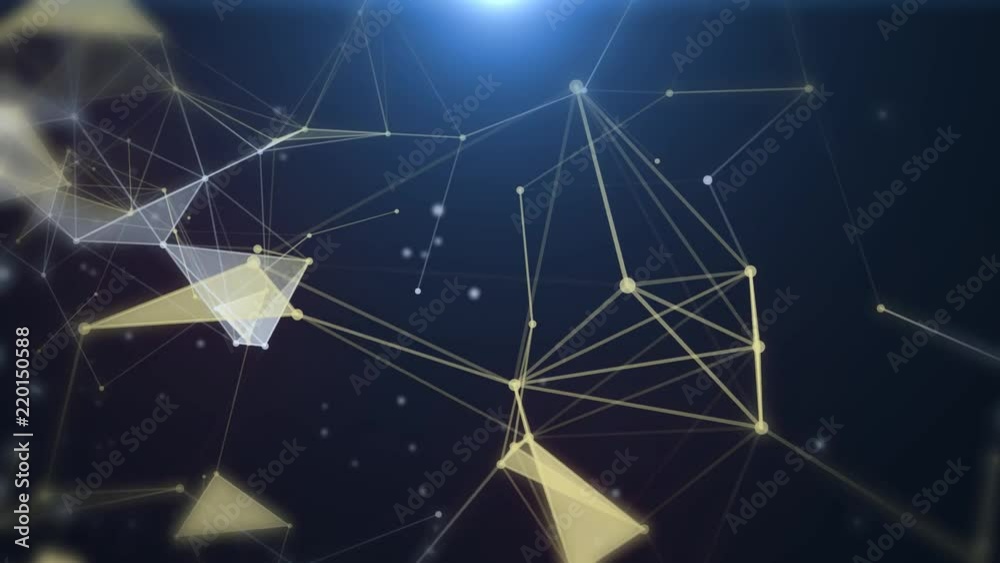 Plexus of abstract blue and gold geometrical lines with moving triangles and dots on a black ...
