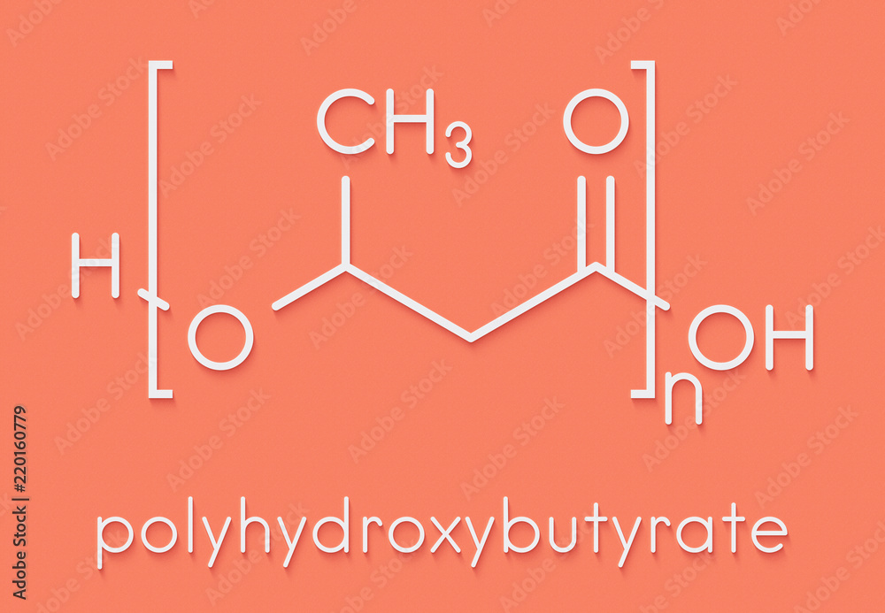Polyhydroxybutyrate (PHB) biodegradable plastic, chemical structure ...