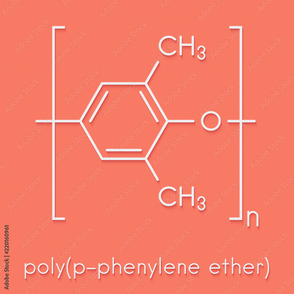 Poly(p-phenylene oxide) (PPO) polymer, chemical structure. Also known ...