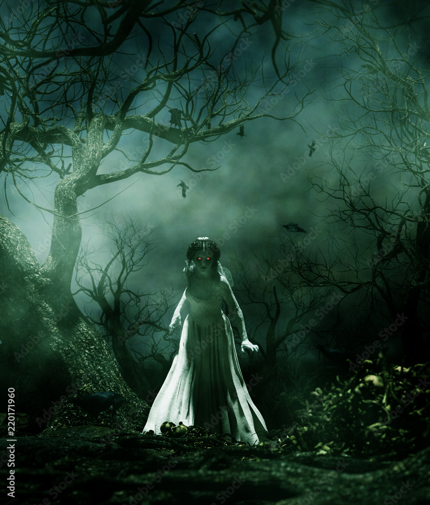Ghost bride in creepy forest,3d illustration for book illustration or ...