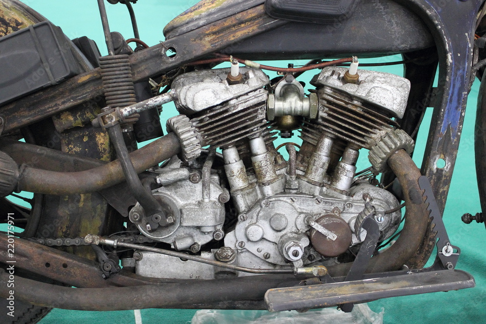 V-twin two cylinder engine motor of old vintage motorcycle Stock Photo ...