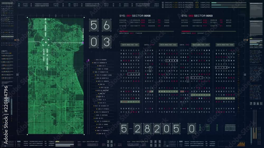 Abstract running numbers code hacking source code and map digital data ...
