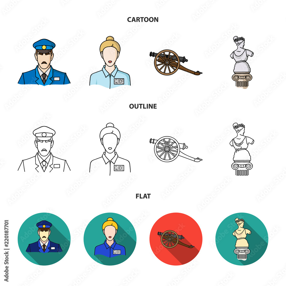 Guard, guide, statue, gun. Museum set collection icons in cartoon ...