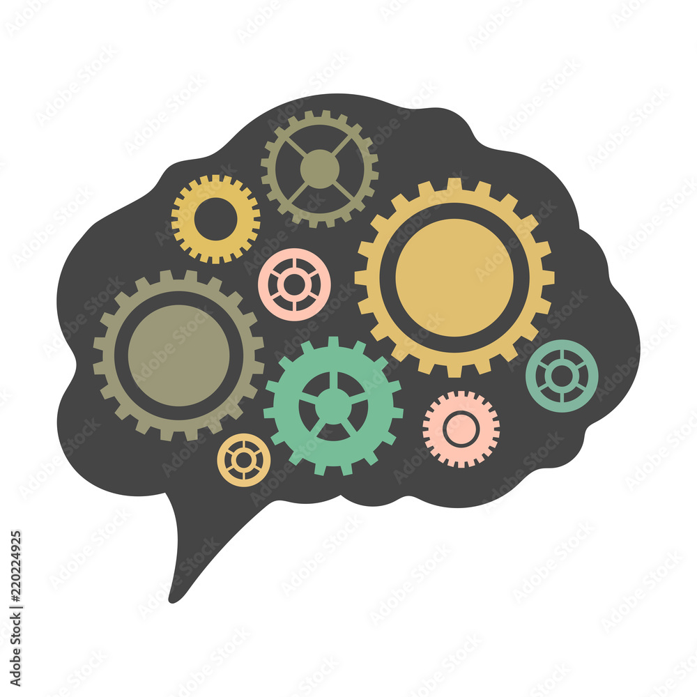 Simple, flat, grey brain with colored cogs inside. Abstract brain ...