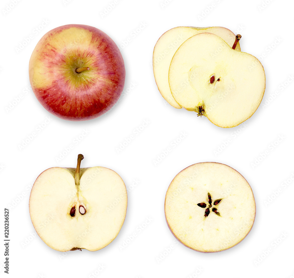 Apple composition or arrangement of whole and cut apples. Top view ...