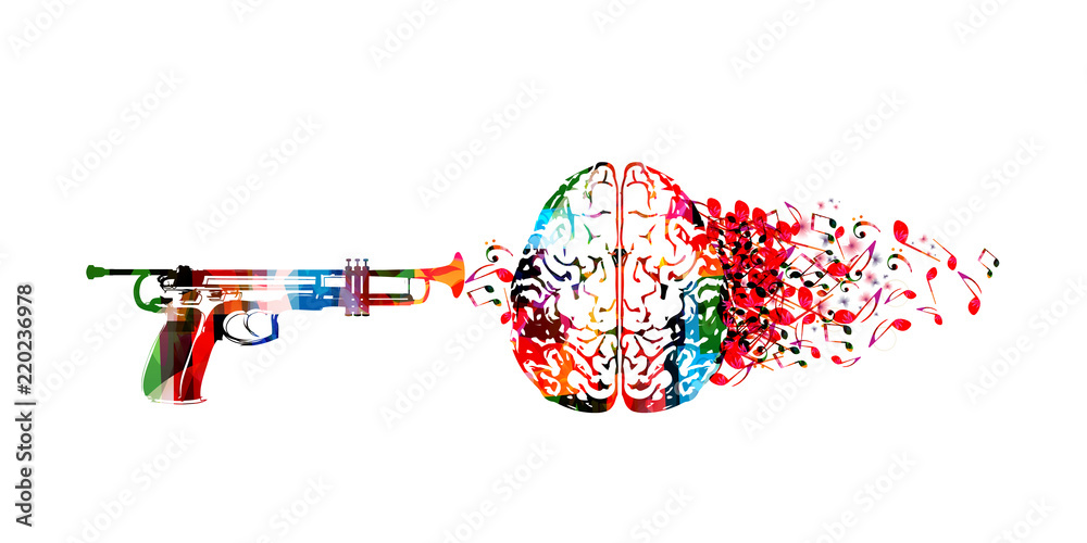 Colorful human brain with music notes and trumpet isolated vector ...