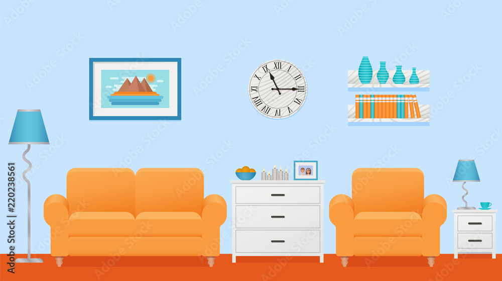 Living room interior. Vector. Lounge with furniture. Home background in ...