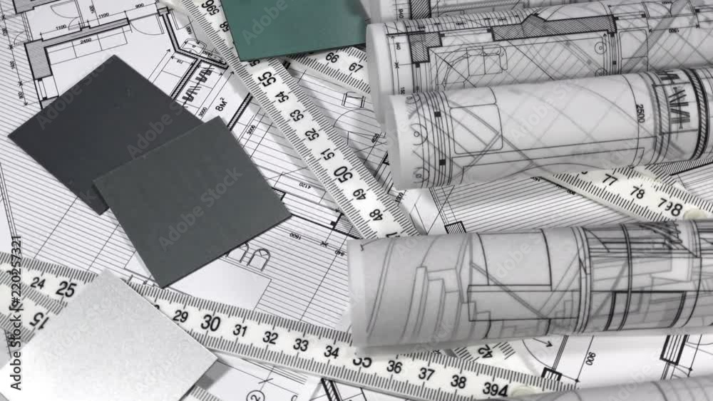 Blueprints: architectural drawings, yardstick - folding ruler & samples ...