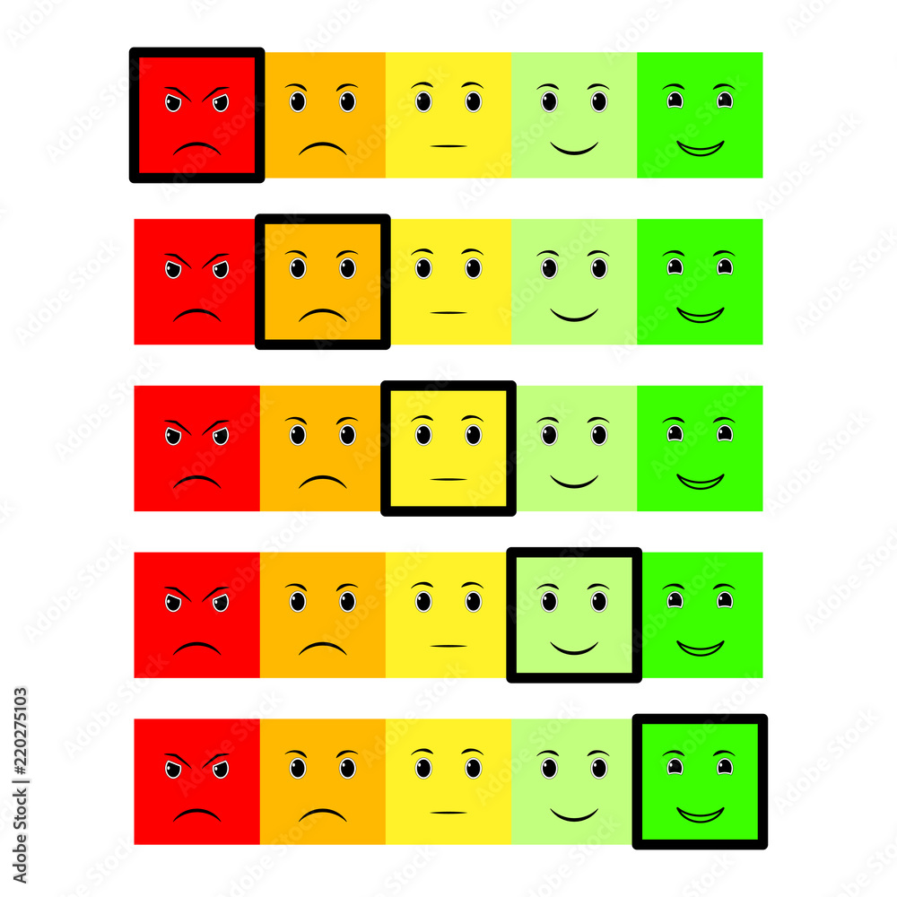Five Color Faces Feedback/Mood. Set five faces scale - smile neutral ...