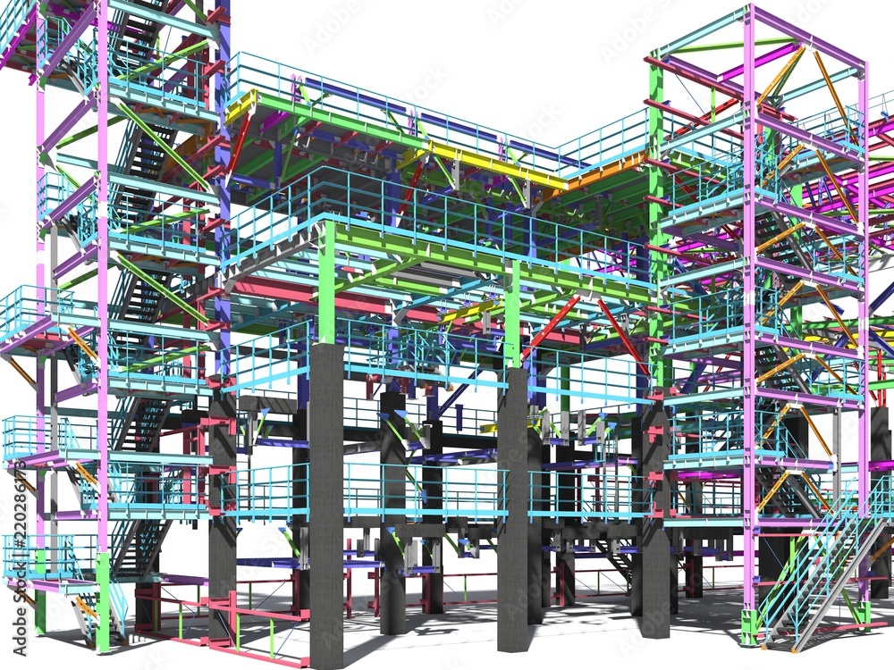 BIM model of a building made of metal construction, metal structure. 3D ...