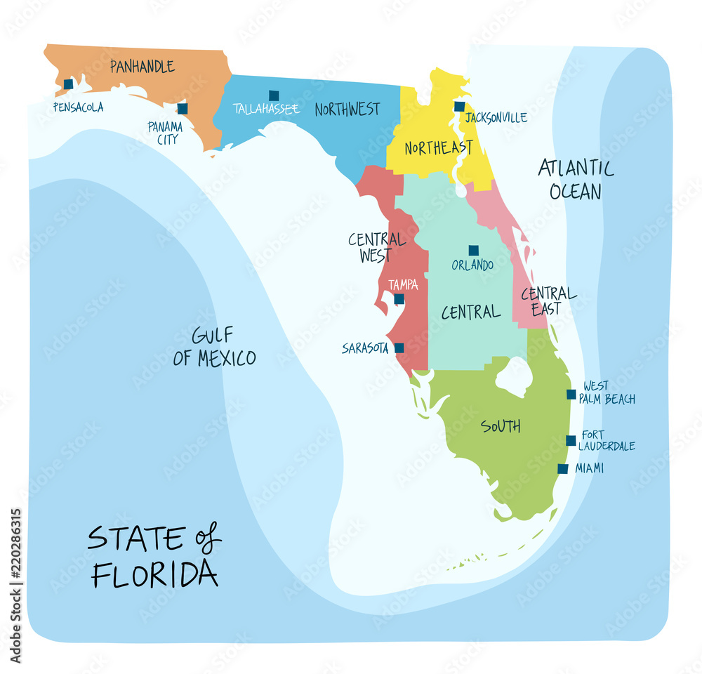 Hand Drawn map of Florida with regions and counties Stock Vector ...