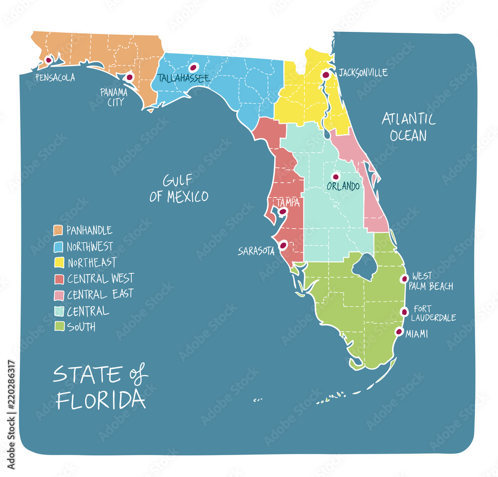 Hand Drawn map of Florida with regions and counties Stock Vector ...