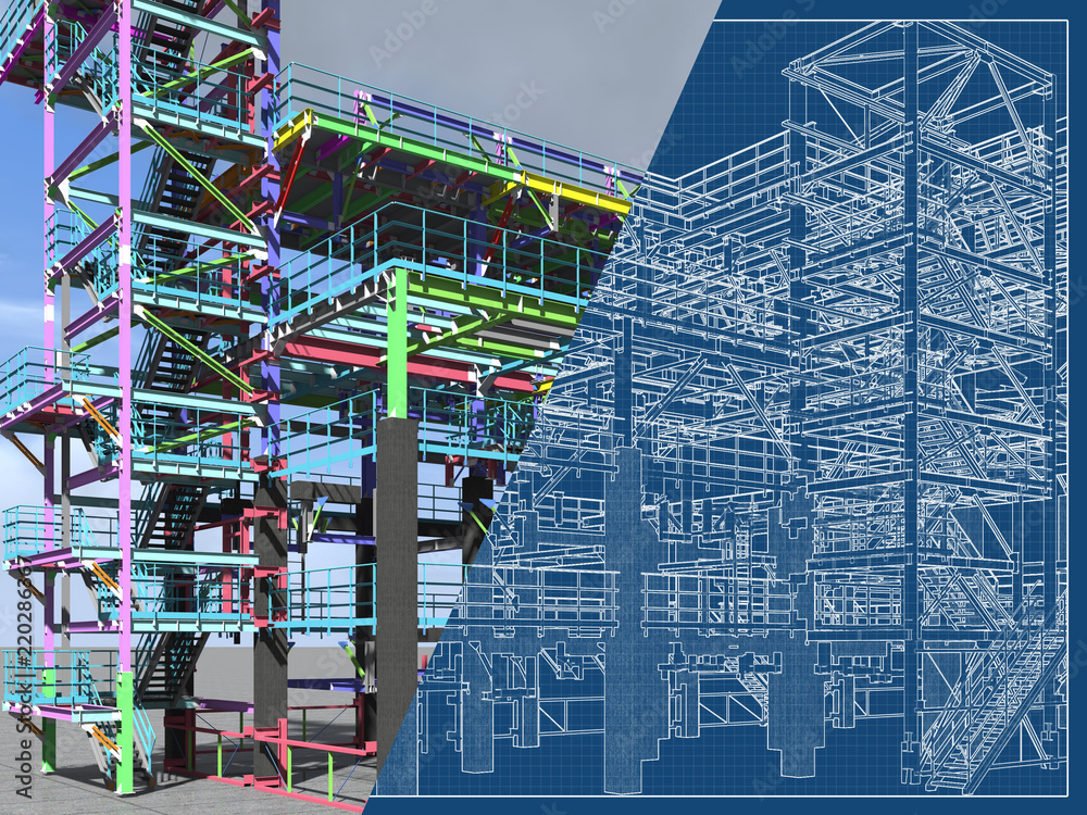 BIM model of a building made of metal construction, metal structure. 3D ...