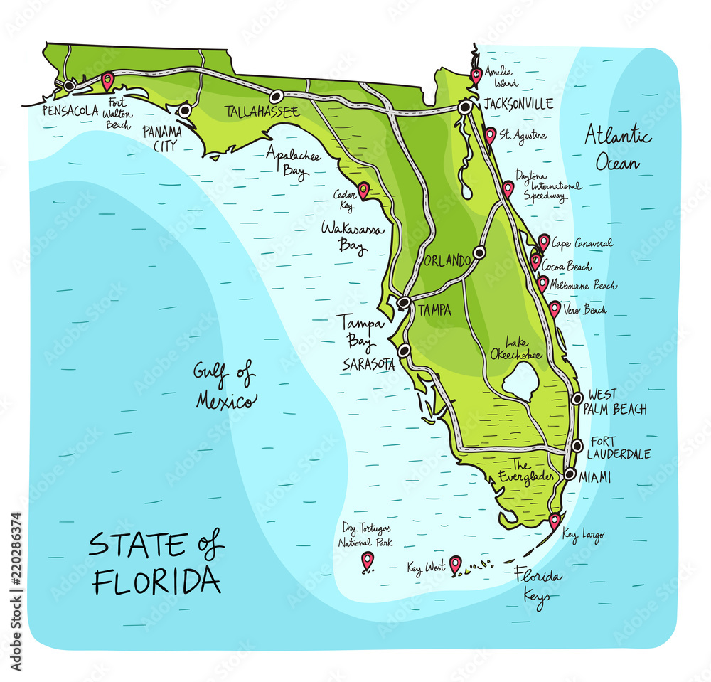 Hand Drawn map of Florida with main cities and point of interest. Stock ...