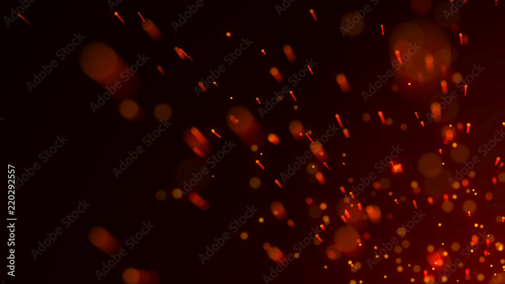 Abstract background of particles. Fire flying sparks. Burning red ...