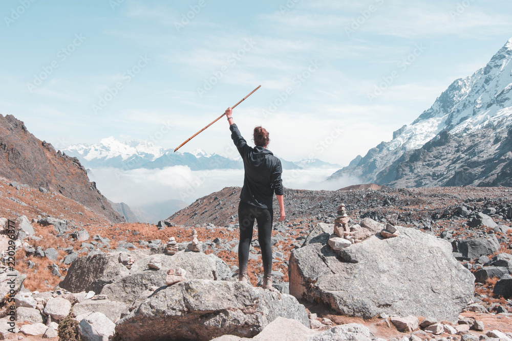 Successfully reached the highest point of Salkantay Pass Stock Photo ...