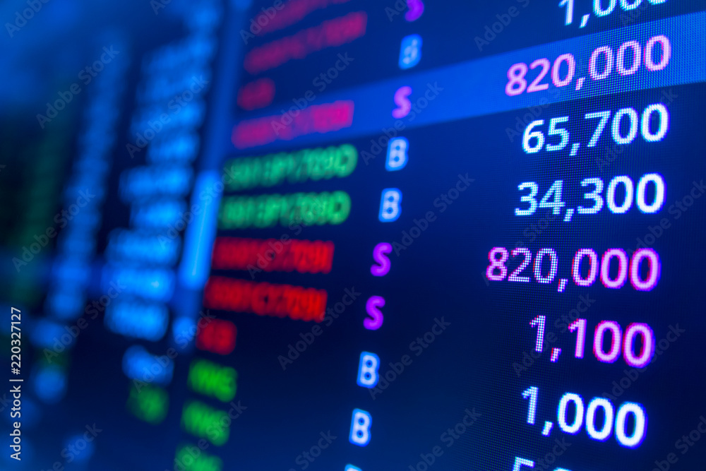 Stock market graph analysis. Stock market data on LED display on laptop ...